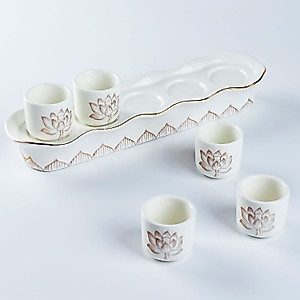 Houlu 5 Altar Cups Set, Ceramic Holy Water Offering Cup, Tibetan Buddhist Worship Cup - White