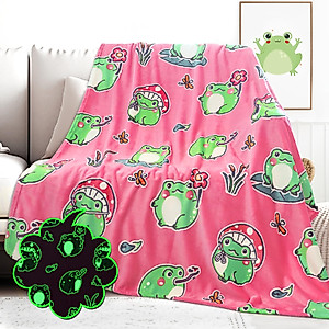 HWING Glow in The Dark Frog Blanket Cute Frog Gifts for Girls Women Frog Stuff Frog Decor for Bedroom Mushroom Frog Throw Blanket