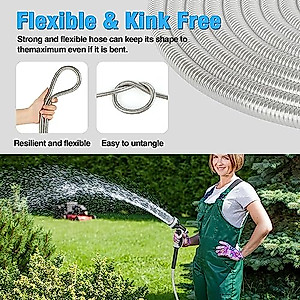 GREENER Stainless Steel Garden Hose 50ft-Heavy Duty Metal Water Hose Rust-proof Flexible Hose with 10 Functional Nozzle, Anti-puncture Kink-resistant Tangle Free Pet-proof Hose for Outdoor Yard Lawn