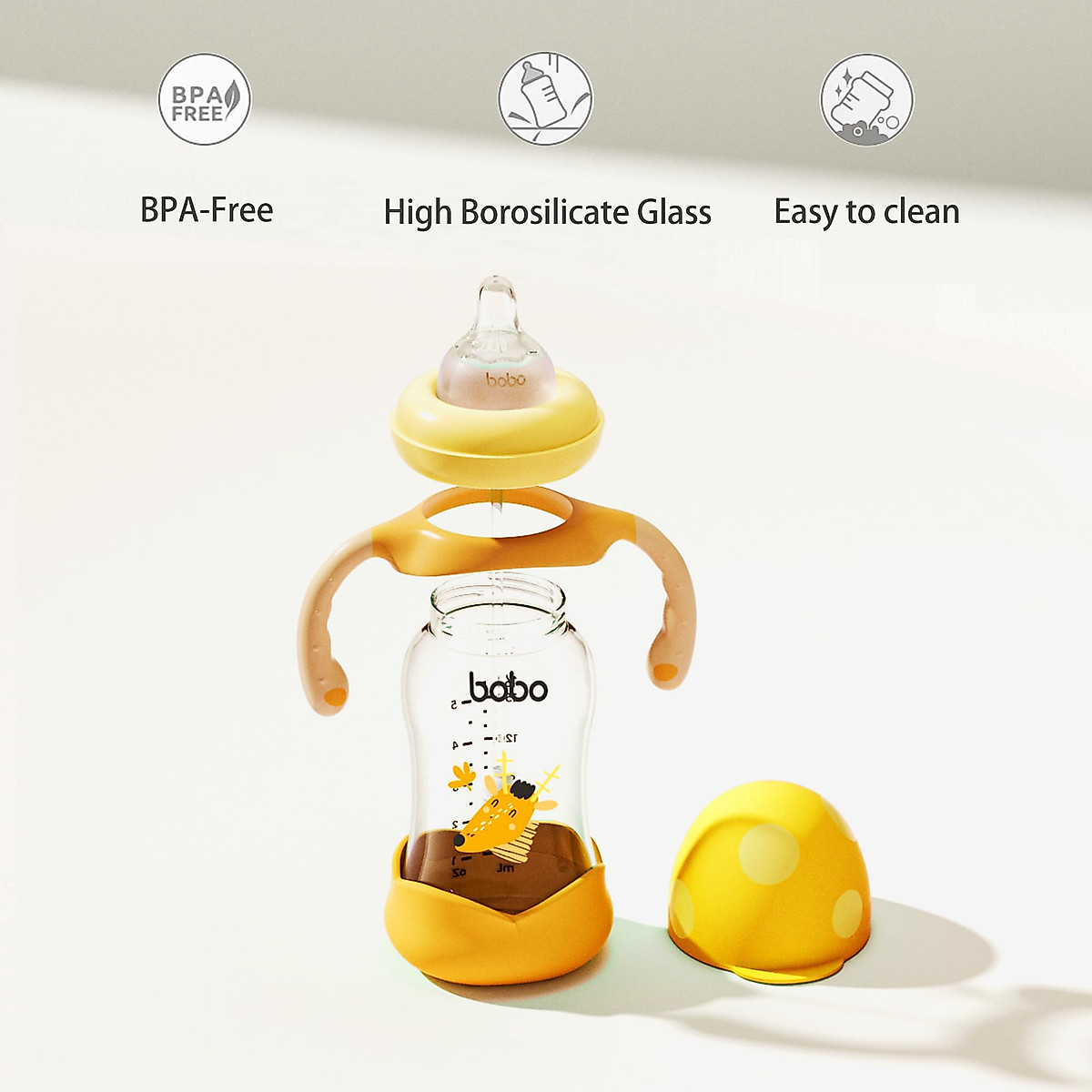 YOHKOH Natural Glass Baby Bottle with Natural Response Nipple, Wide Neck Baby Bottles with Handle, Newborn Anti-Colic Baby Bottles Gift Set, Clear (5.4oz (Pack of 2), Yellow)