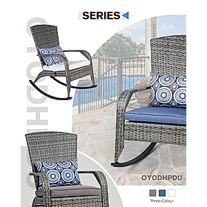 OYODHPDU Outdoor Rocking Chair- Rattan Patio Rocker Chairs with Cushions and Steel Frame- All Weather Outdoor Rocker Chair with 2 Replaceable Cushion Covers (Blue & Grey), 350lbs