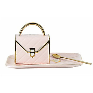 Anvirtue Handbag-Shaped Creative Ceramic Mug With Saucer Porcelain Tray & Spoon for Coffee, Hot Chocolate, Cappuccino, and Latte Breakfast (PINK)