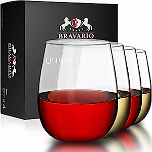 Bravario Unbreakable Stemless Plastic Wine Glasses | Reusable | Shatterproof 100% Tritan Plastic | Dishwasher-Safe | BPA-free | Awesome for Indoor & Outdoor | 16 oz, Set of 4