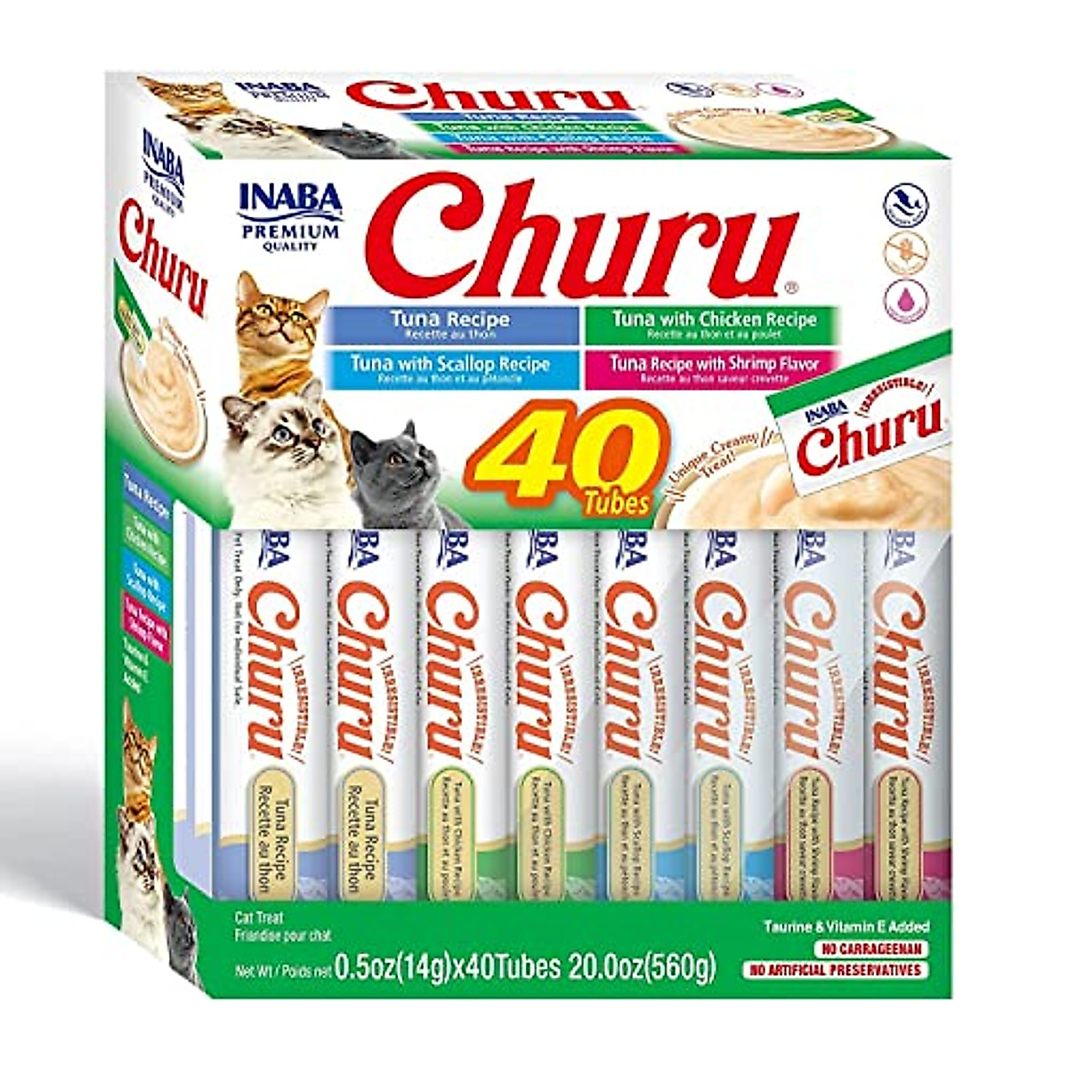 INABA Churu Cat Treats, Grain-Free, Lickable, Squeezable Creamy Purée Cat Treat/Topper with Vitamin E & Taurine, 0.5 Ounces Each Tube, 40 Tubes, Tuna & Seafood Variety Box