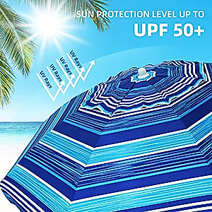 AMMSUN 6.5 Foot Heavy Duty HIGH Wind Beach Umbrella with tilt Sun Shelter, UV 50+ Protection Outdoor Sunshade Umbrella with Carry Bag for Patio Garden Beach Pool Backyard stripe Blue