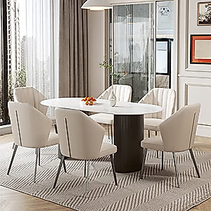 LITFAD Modern Dining Room Table Dinner Kitchen Table Oval Double Pedestal Dining Table Slate Top Restaurant Table - 63" L x 35.4" W x 29.5" H, Table Only(Not Including Chairs)