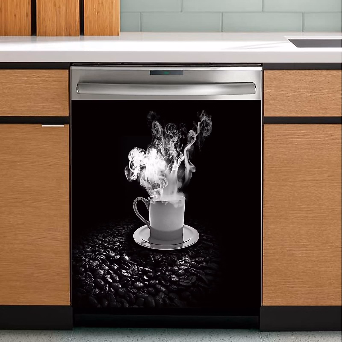 Black and White Coffee Dishwasher Covers for The Front,Coffee Beans Cup Refrigerator Stickers,Cool Simplicity Home Cabinet Decor Panel Decal,Coffee Sticker Cover Sheet