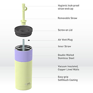 asobu Sippy Double Wall Stainless Steel Tumbler with Silicone Flexible Straw, 20 Ounces (Pastel Yellow)