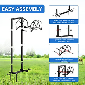 GREENER Garden Hose Holder GREENER Freestanding Heavy Duty Water Hose Holder Detachable Metal Hose Hanger Holds 150-feet Hose,Outdoor Hose Stands Hose Holder Storage Rack For Outside Yard Lawn, Black