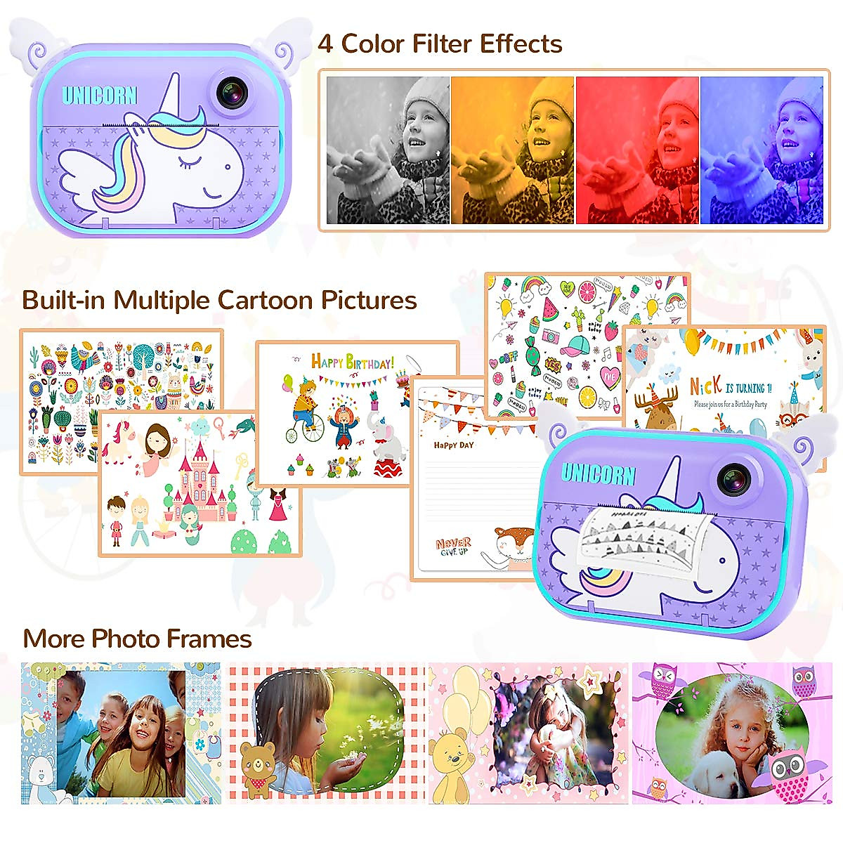 Instant Print Camera for Kids, Girls Boys Print Photo Selfie Video Digital Camera with Paper Film, 3-12 Years Old Children Mini Learning Toy Camera Gifts for Birthday Holiday Travel