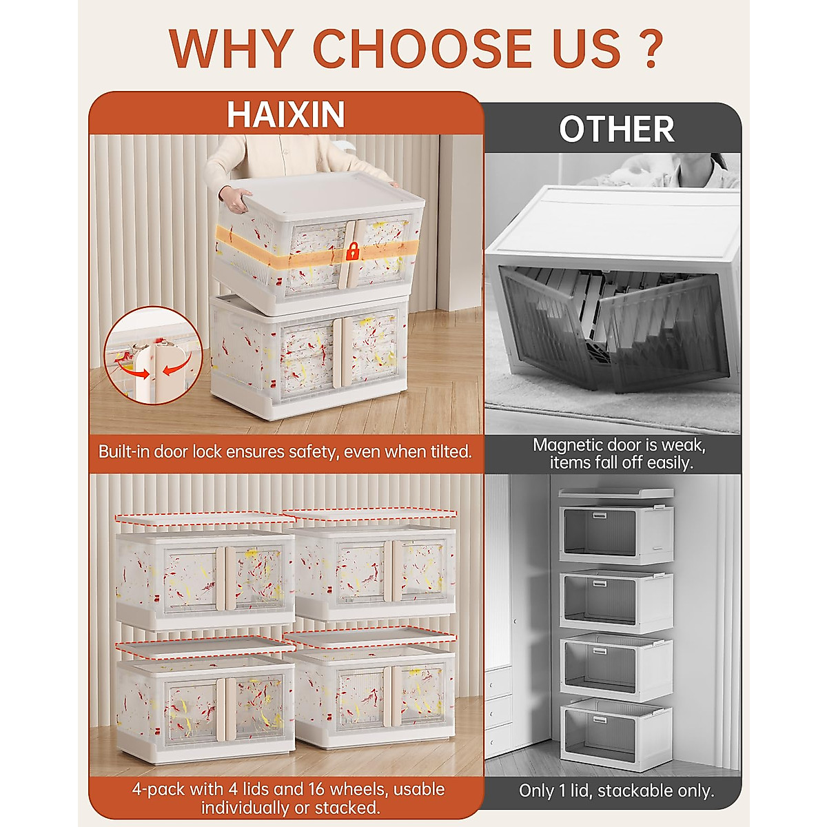 HAIXIN 400QT Stackable Storage Bins With Lids, Plastic Clear Storage Bins Collapsible Storage Drawers, 4 Pack Closet Organizers and Storage Containers with Doors and Wheels For Home, Office, Dorm