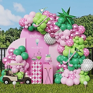 Enanal Hole in One Balloon Garland Arch Kit, 153pcs Pink Green Balloons with Star Golf Clubs and Golf Foil Balloons for First Birthday Decoration Golf Party Girls Birthday Baby Shower Supplies