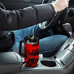 Yasala Car Tumbler with Handle Military Camo Red Black Travel Mug Coffee Cup Insulated Beverage Container Mega Cup for Hot Cold Drinking Thermos Water Bottle Cupholder Friendly 40 oz