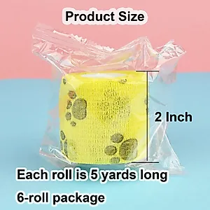 AMOGATO 6 Pack Paw Self Adhesive Bandage Wrap, Vet Wrap Cohesive Bandagesfor Pets, Athletic, Sports, Wrist, Ankle, First Aid 2 Inch x 5 Yards