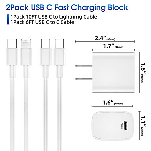 [Apple MFi Certified] iPhone 15/15 Pro/15 Max/15 Pro Max Fast Charger 2Pack, 20W PD Fast Type C Wall Charger with 6.6FT USB C Cable&10ft USB C to Lightning Cable, Fast Charger Block for iPhone/iPad
