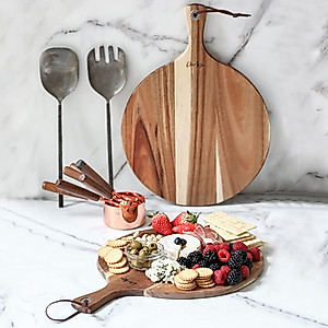 Elevkin Round Cutting Board, Acacia wood cutting board for kitchen, Charcuterie Boards and Cheese Serving Platter for Meat, Bread and Crackers, Deviled Egg Plates & Pizza Peel for Party, 12 x 16 inch