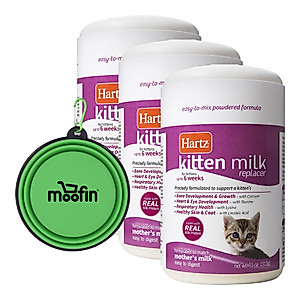 moofin Bundle of Portable Silicone Folding Pet Bowl - 13x, and Powdered Kitten Milk Replacer Formula - 11Oz, Pack of 3, White/purple