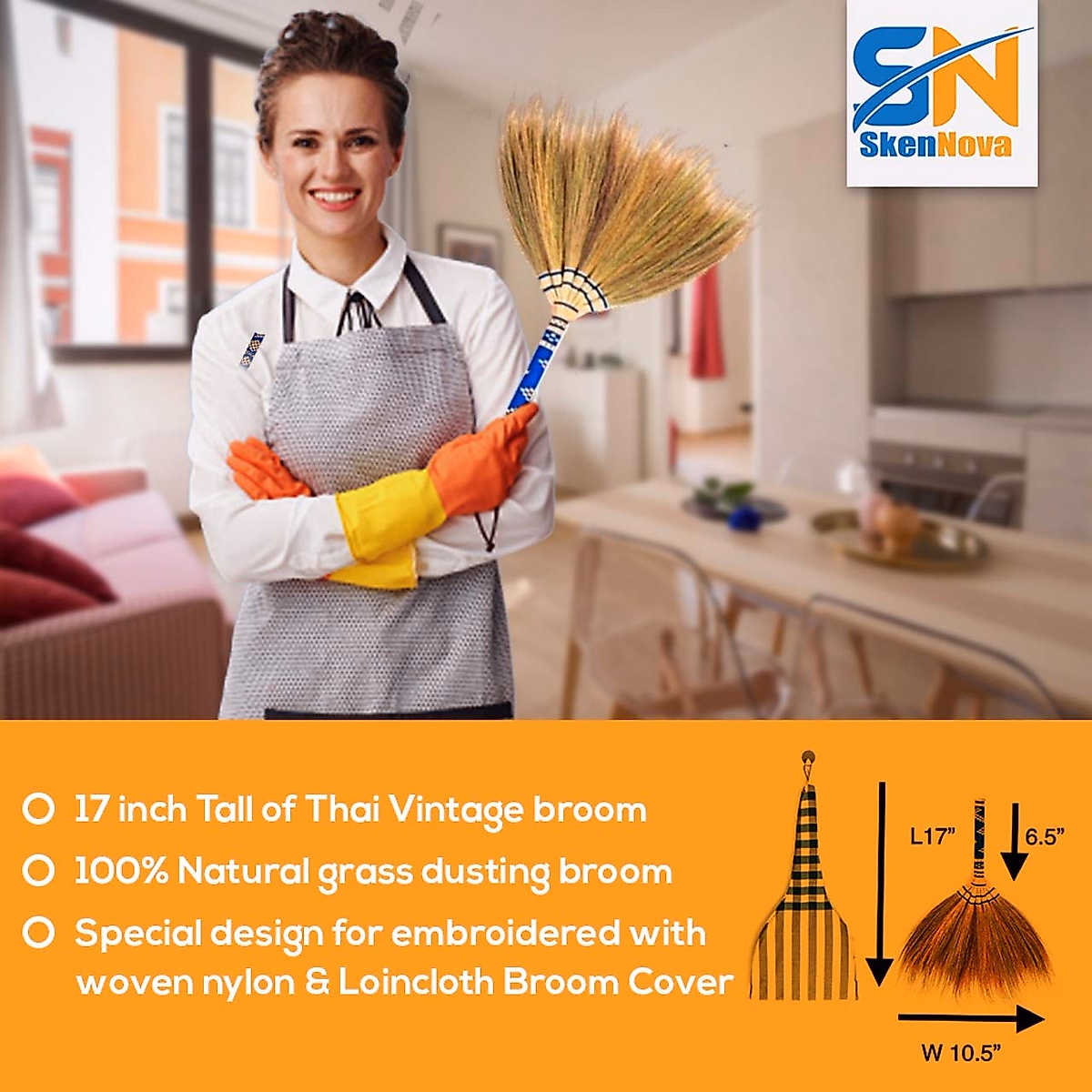 SKENNOVA - 1 Piece of 17 inch Tall of Asian Broom Thai Vintage Dusting Brush Grass Broom Handmade for Sweeping Dirt Dust Garbage