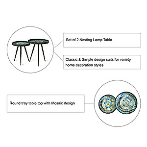Glitzhome S/2 Modern Nesting End Table Set - Round Sofa Side Tables Living Room Accent Table Nesting Lamp Table with Mosaic Pattern Tray Top