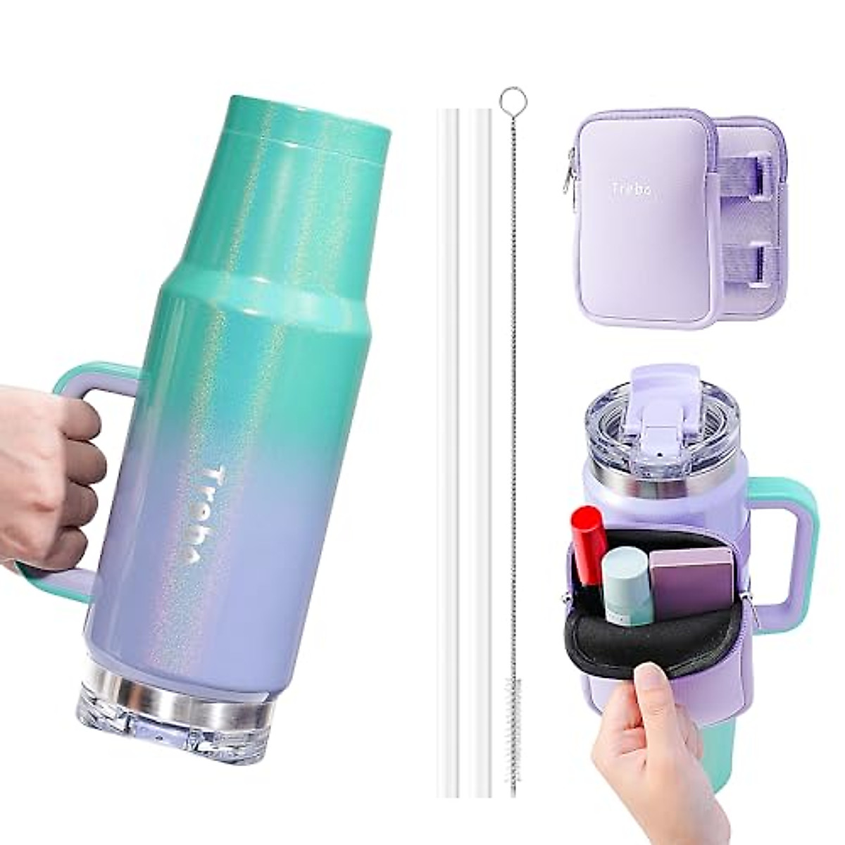 Trebo 40oz Tumbler with Handle and Straw Lid, 2-in-1 Lid,Insulated Stainless Steel Mug Water Bottle with Small Pouch,Reusable Metal Travel Coffee Cup Flask Cup Holder Friendly,Keep Cold Hot, Purple