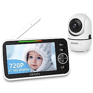 OKAIDI 5" HD Baby Monitor with Camera and Audio, 720P Display Baby Monitor, 5000mAh Battery, Remote Pan-Tilt, 3X Zoom, Night Vision, 2-Way Talk, Temperature,Lullabies,1000ft Range Baby Monitor No WiFi