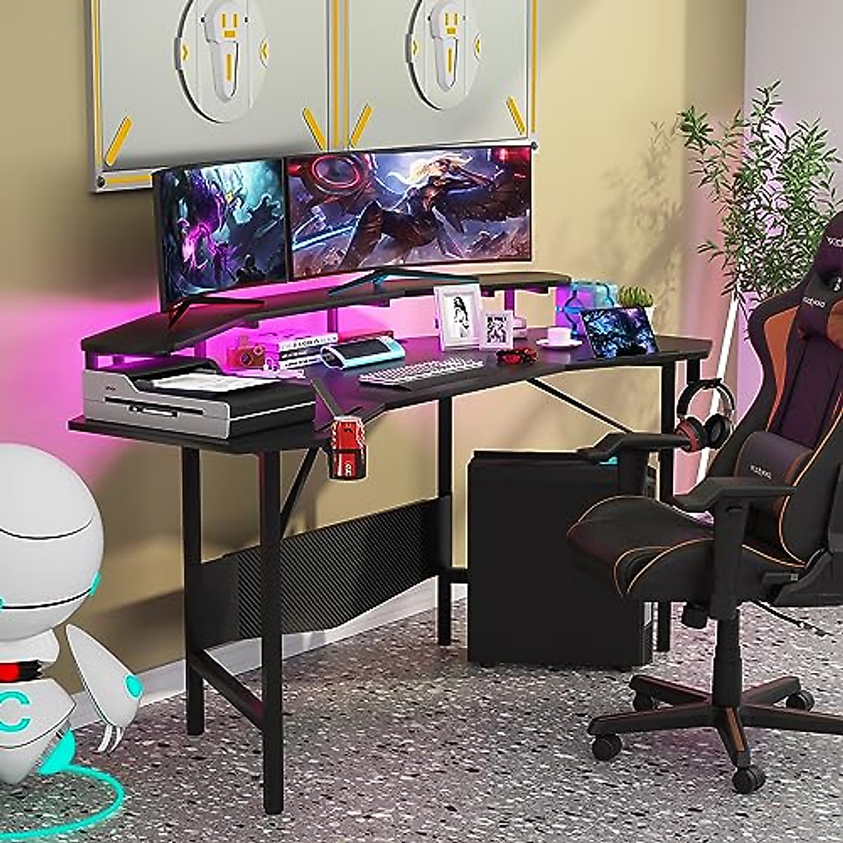 PAKASEPT Gaming Desk with Led Lights, 70.9” Large Wing-Shaped Desk, Carbon Fiber Surface Gaming Table with Monitor Stand, Headphone Hanger & Cup Holder & Dual Slots