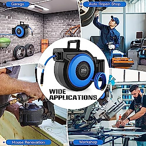 80FT + 6.5FT Retractable Air Hose Reel, Wall Mount Penumatic Hose Reel for Garage Workshop, Automatic Rewind, 3/8" x 80' Hybrid Air Hose with Brass Fittings + Bend Restrictors, 300PSI