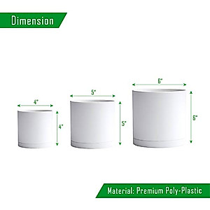 D'vine Dev 4 Inch 5 Inch 6 Inch, Set of 3 Plastic Planter Pots for Plants with Drainage Hole and Seamless Saucers, White Color, Small, 74-E-S-1