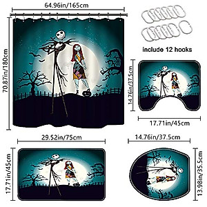 TAWOAO 4 Pcs Jack Skellington Shower Curtain Set with Non-Slip Rugs,Toilet Lid Cover and Bath Mat,Nightmare Before Christmas Shower Curtain with 12 Hooks