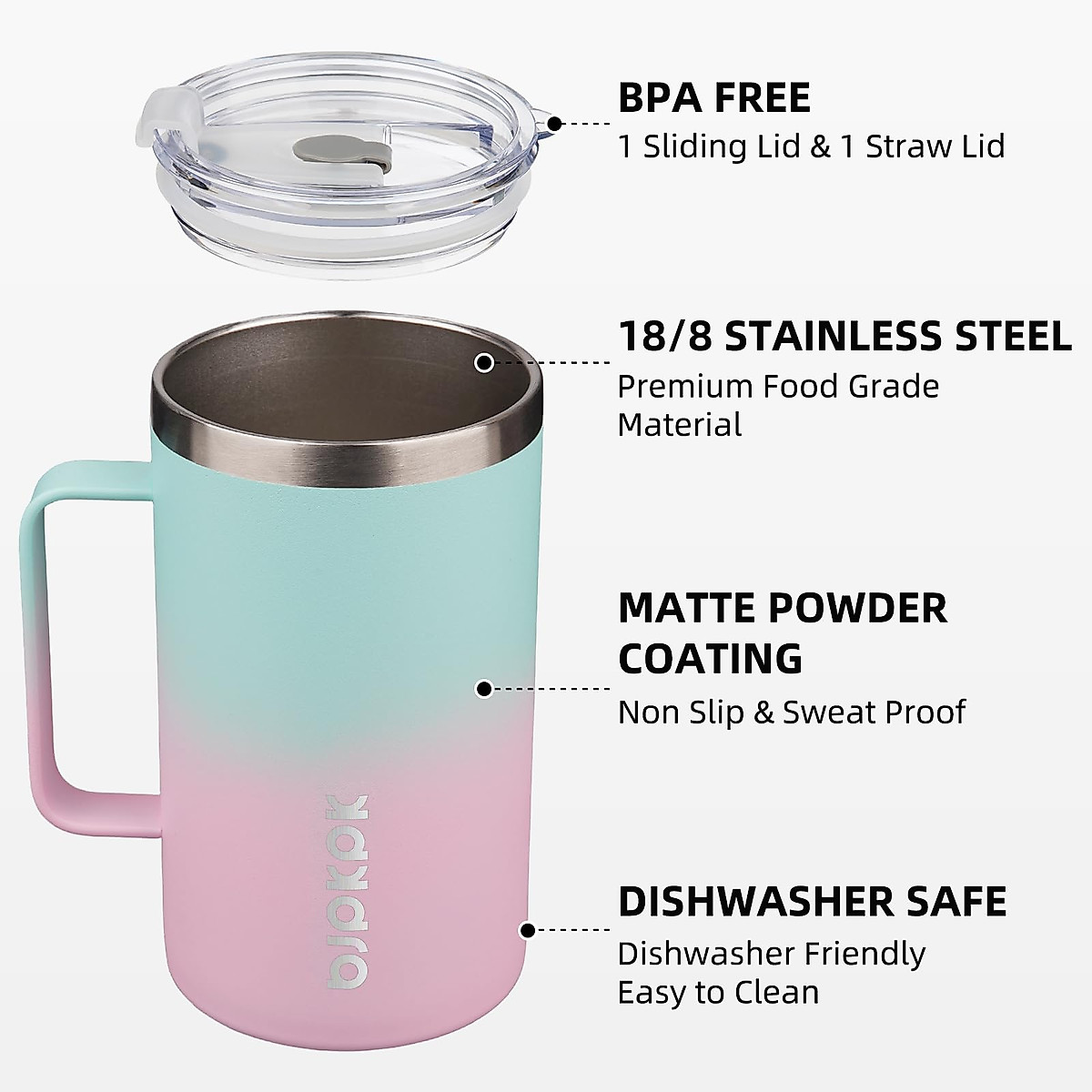BJPKPK Insulated Coffee Mug with 2 Lids, 25oz Stainless Steel Insulated Tumbler with Handle, Double Wall Vacuum Coffee Cup, BPA Free Leak Proof Thermos for Travel & Home, Marshmallow