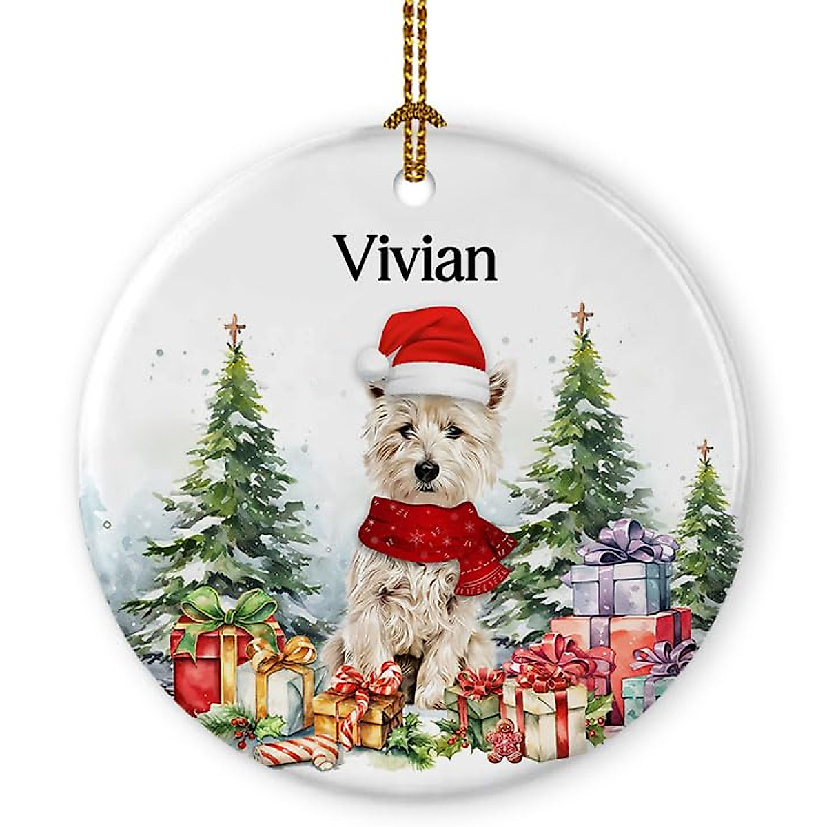 Dog Christmas Ornaments Personalized West Highland White Terrier Round Shaped Ceramic 3 Inch Present for Pet Lover Family Friends Custom Dogs with Santa Hat Decor Xmas Tree Home Party Pendant Gift