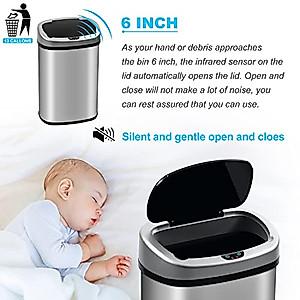 13 Gallon Automatic Trash Can with Lid, Touch Free Stainless Steel Kitchen Smart Garbage Can 50L High Capacity Electronic Sensor Trash/ Waste Bin for Room Kitchen Office, Silver