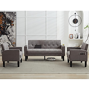 TYBOATLE Sofa Couch, Living Room Furniture Sectional Sofa Sets 3 Pcs, Tufted Mid-Century Loveseat w/USB, Cupholders & Comfy Single Sofa for Small Space, Apartment, Office (Light Grey)