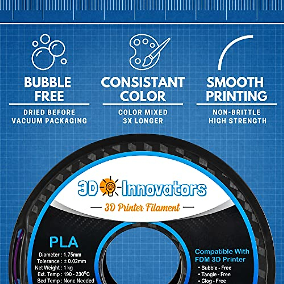 3D Innovators 3D Printer PLA Filament, 1.75mm, 1KG/2.2LB, Dimensional Accuracy +/- 0.02 mm (Real Purple)