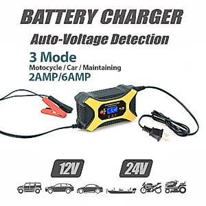 Katbo Battery Charger 12V 24V 6-Amp Auto-Voltage Detection Lead Acid Battery Float Charger Maintainer with LCD Display for Motorcycle Car