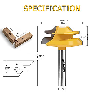 45 Degree Lock Miter Router Bit 1/4 Shank, Newdeli 1/2 Stock Joint Woodworking Router Bit, Suitable for Furniture Oblique Tenon Interface Making (90-Degree Tenon Joint Woodworking)