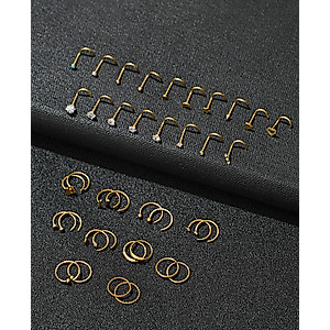 Tornito 20G 38Pcs Stainless Steel L Bone Screw Shaped Nose Studs Nose Rings CZ Hoop Tragus Cartilage Nose Ring Labret Nose Piercing Jewelry for Men Women Rose Gold Tone (G:38Pcs, Gold&Screw)