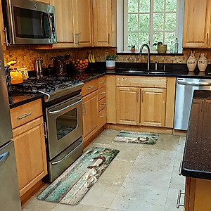 Rustic Horseshoe Kitchen Mat Set of 2 White Daisy Flower Kitchen Rugs and Mats Non Skid Washable Western Country Teal Wooden Barn Retro Cushioned Comfort Standing Mat for Floor,Sink,Laundry,Bathroom