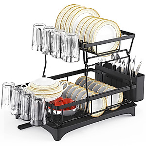 ACALANTHA Dish Drying Rack with Drainboard, Large Dish Racks for Kitchen Counter, 2 Tier Dish Holder with Silverware Drying Rack.(Black)