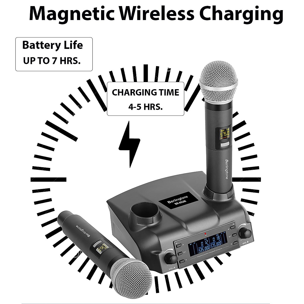 Berlingtone, Professional Dual Dynamic Handheld UHF Wireless Microphone System, Magnetic Wireless Charging, 2x100 Adjustable Frequency Channels for Karaoke, Meeting, Church, up 200ft Range (BR-60UM)