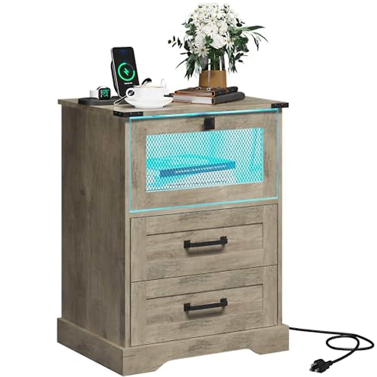 Hasuit Farmhouse Night Stand with LED Lights and Charging Station, Rustic Oak Nightstand with 2 Drawers, and Cubby with Wire Mesh Door, Bedside End Table for Bedroom