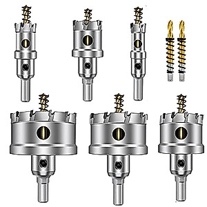 ASNOMY 8PCS Large TCT Hole Saw Kit for Hard Metal, 5/8"-2-3/8" (16-60mm) Carbide Tipped Hole Saw Hole Cutter with Titanium-Plated Pilot Drill bit for Metal, Stainless Steel, Iron, Wood, Plastic