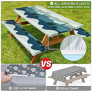 Picnic Table Cover with Bench Covers Camping Essentials Waterproof Windproof Camping Tablecloth with Drawstring Bag, Fitted Rectangle Tables and Seats, 72in, Green Blue