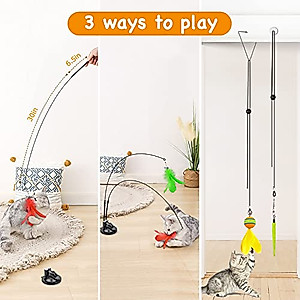 HOSFROLL Cat Toys Wand, Interactive Cat Toy with Super Suction Cup Sticky Detachable 12 PCS Feather Replacements 2 Wands Cat Spring Feather Toys for Indoor Cats Kitten Toys (9 Toys Double Headed)