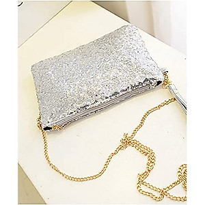 VINMEN Sparkling Glitter Sequins Evening Crossbody Clutch Bride Purse for Party Bling Handbag for Wedding (Silver)