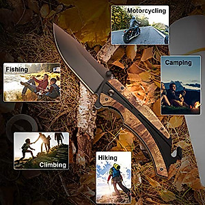 Jellas Pocket Folding Knife for Men with Figured Wood Handle - Tactical Knife with Safety Liner Lock for Camping Hunting Survival Indoor and Outdoor, Best Unique Gift for Men and Women KN05
