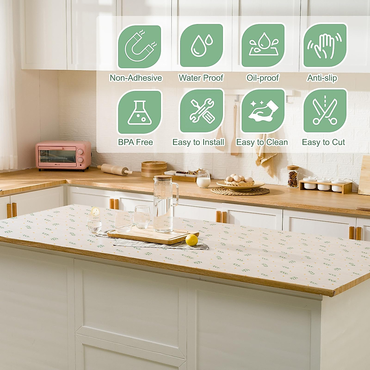 Cabinet Liner, 18 Inches X 20 Ft Shelf Liner for Kitchen Cabinets Non-Adhesive Drawer Liner with 60pcs Double-Sided Tape Waterproof EVA Kitchen Liner for Shelves Kitchen Drawer Refrigerator