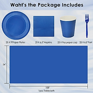 Severs 25 Guests Blue Party Supplies Set Include 9-inch Blue Paper Plates Cups Blue Napkins and Tablecloth,Blue Disposable Dessert Plates for Wedding Birthday