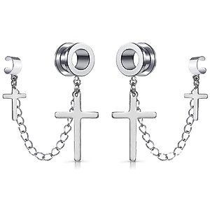 YOFANST Stainless Steel Dangle Cross Ear Tunnels Chain Huggie Hoop Earrings Gauges 00G, Silver