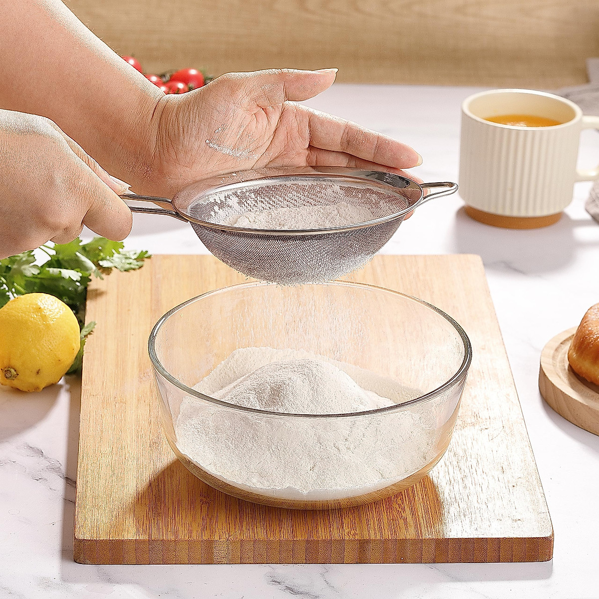 3PCS Fine Mesh Strainers Set, Little Cook Stainless Steel Colanders and Sifters with Sturdy Handle, Perfect for Sift, Strain, Drain and Rinse Vegetables, Pastas and Tea（Large + Medium + Small，3PCS)